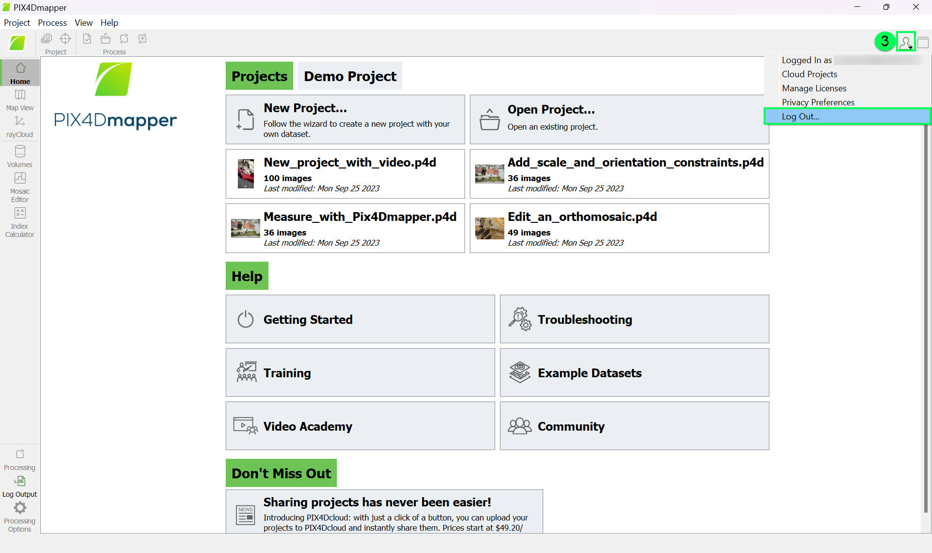 How to log out - PIX4Dmapper